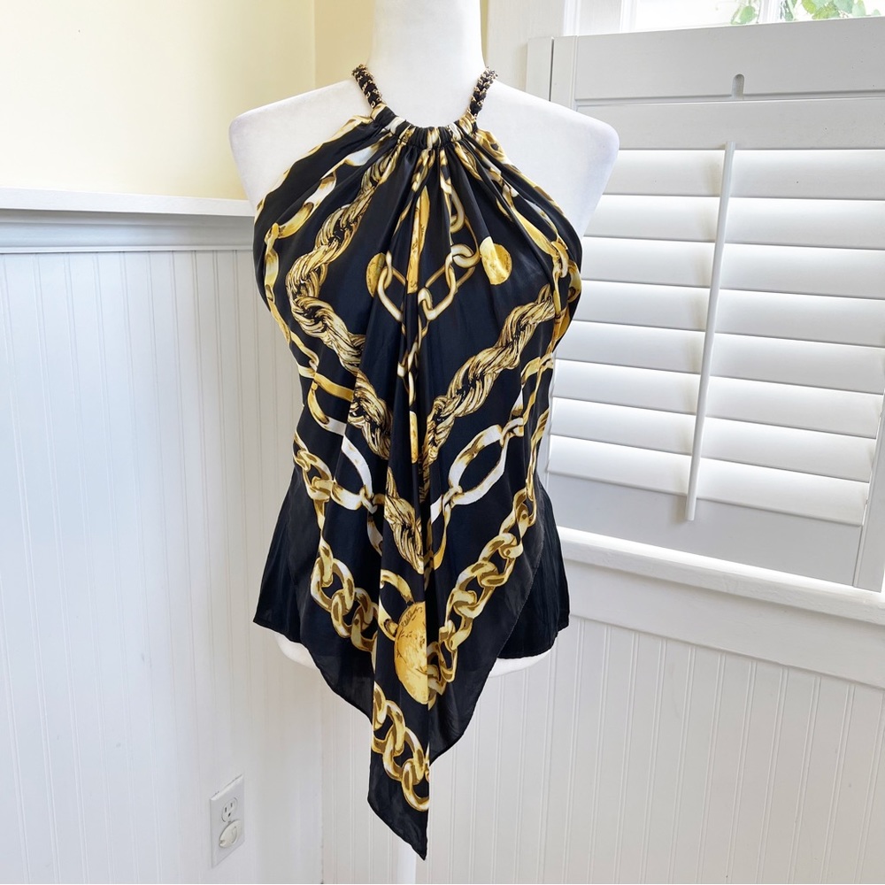 Cache Vintage Black & Gold Chain Print Silk Sleeveles… - Gem
